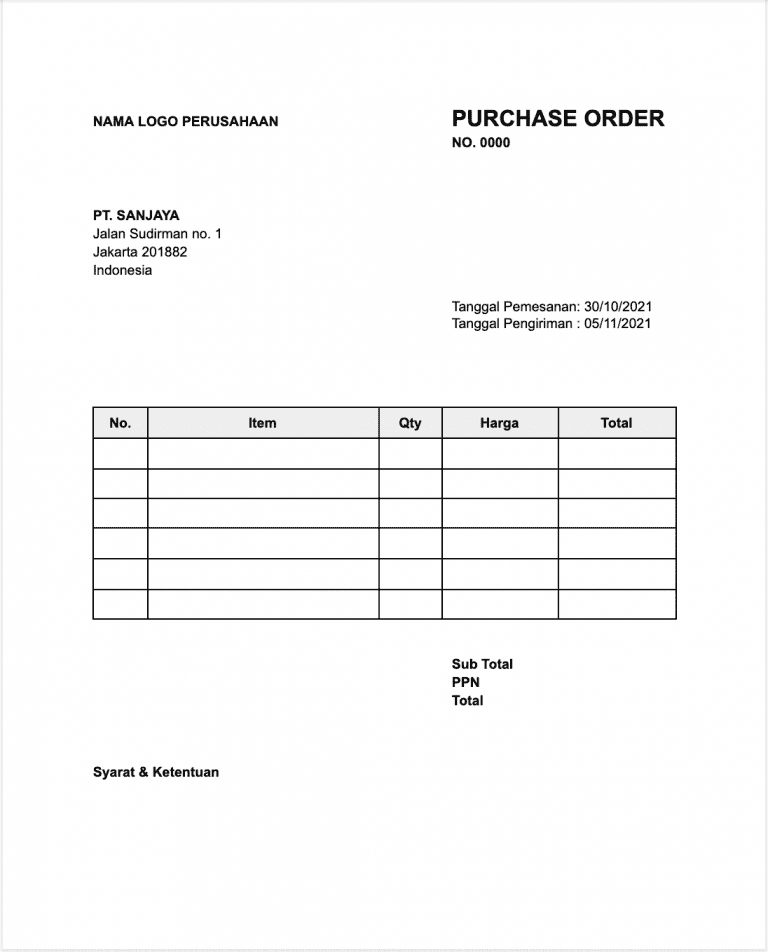 Download Contoh Surat Purchase Order dalam Bahasa Indonesia