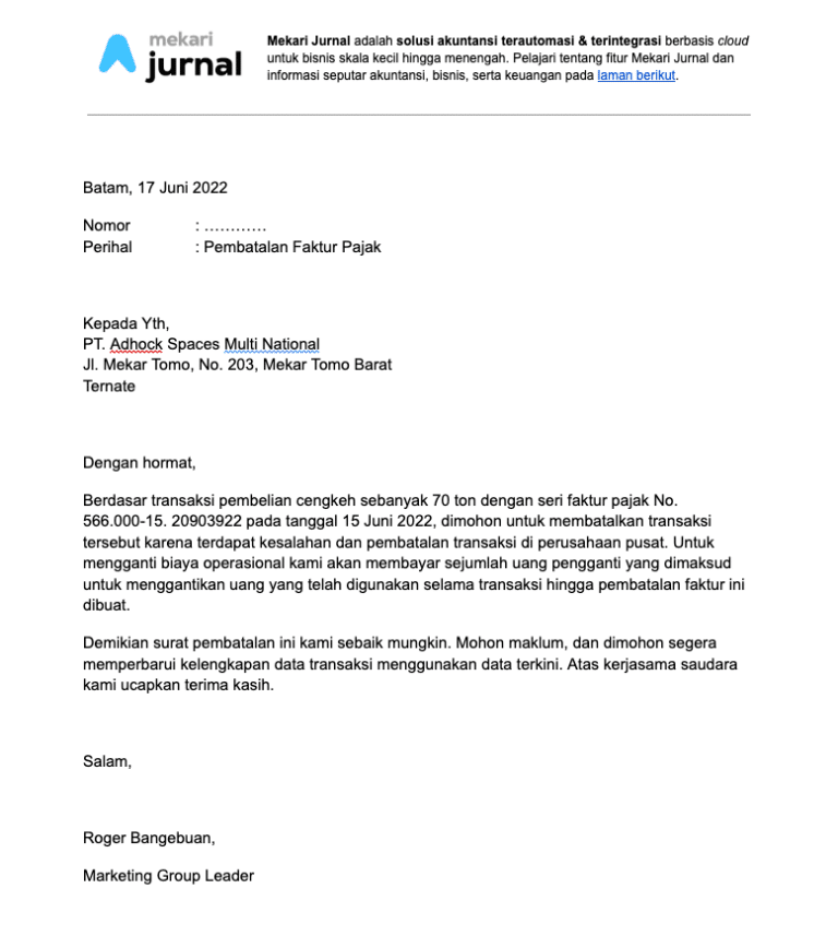 Contoh Surat Pembatalan Faktur Pajak dan Cara Pengajuan
