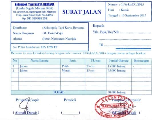 7 Contoh Surat Jalan Pengantar atau Pengiriman Barang