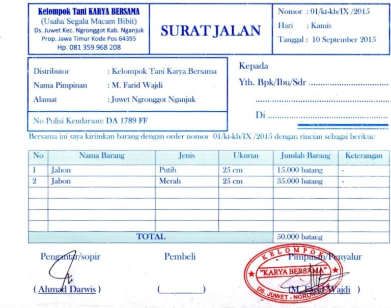 7 Contoh Surat Jalan Pengantar atau Pengiriman Barang