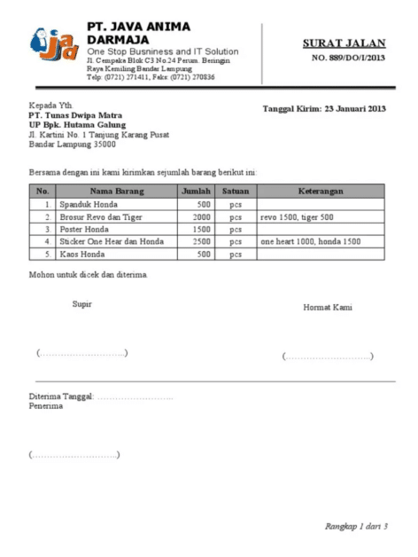 7 Contoh Surat Jalan Pengantar atau Pengiriman Barang